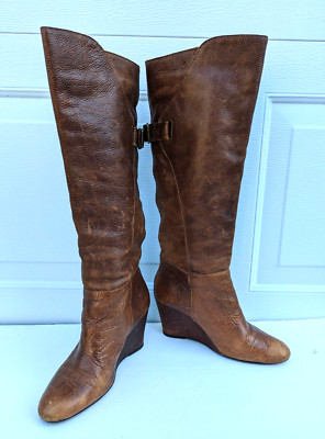 Steve Madden Iden Pebble Leather Rockabilly Wedge Knee Boots Brown ...