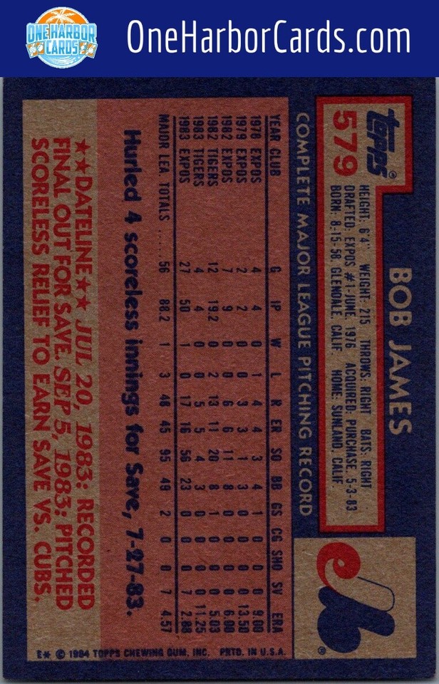 1984 Topps Montreal Expos Baseball Card #579 Bob James | eBay