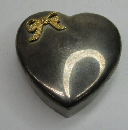 VTG Silver Plate Heart Shaped Box With Metal Bow Trinket Jewelry Hong ...