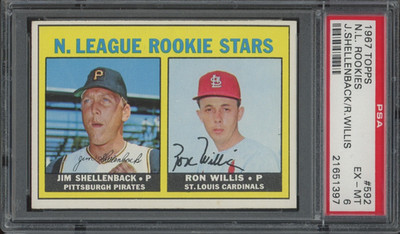 1967 Topps Baseball #592 Jim Shellenback Ron Willis RC Rookie EX MT PSA ...