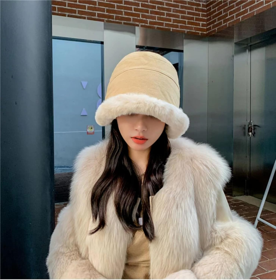 Women Winter Furry Bucket Hat Rolled Brim Faux Fur Cloche Hat with ...