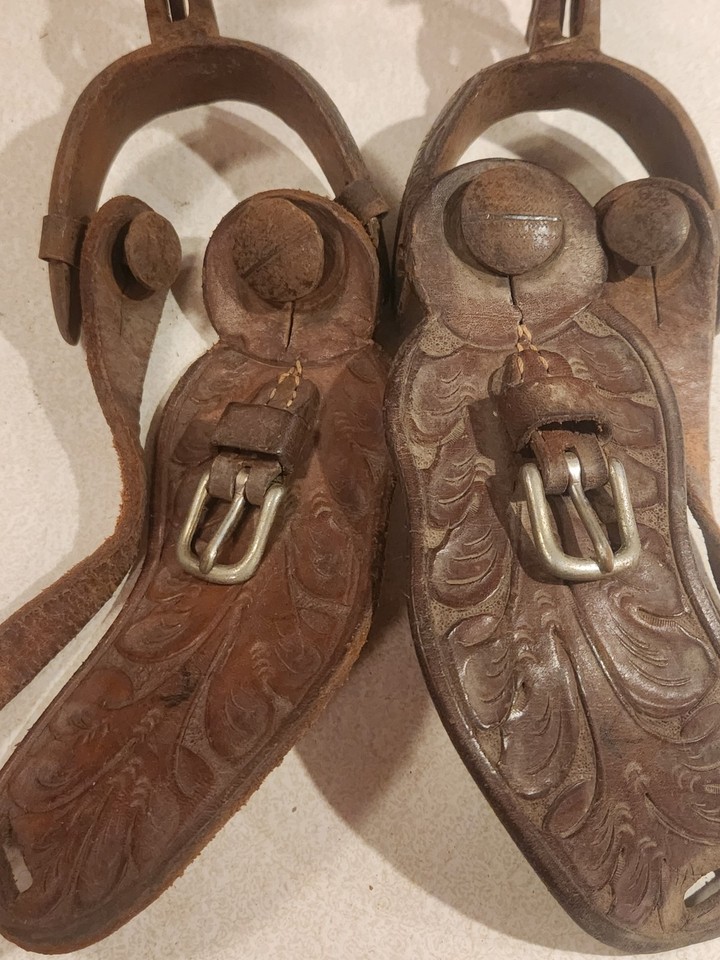 Antique 19th century hand forged engraved iron and leather boot spurs ...