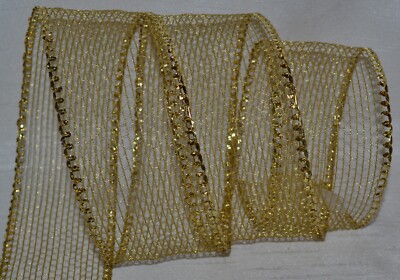 Wired Ribbon~Christmas Gold Mesh Tinsel Edge~Holiday Metallic~2.5"~Gift ...