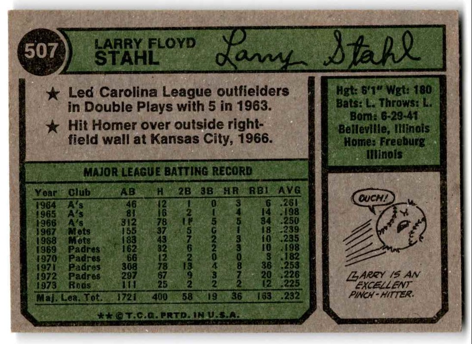 1974 Topps Larry Stahl Cincinnati Reds #507 | eBay