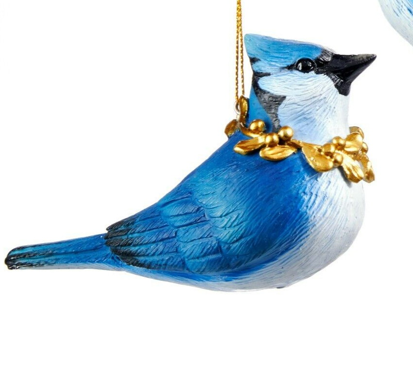 2 Beautiful Blue Jay Bird Christmas Ornaments, gold leaf wreath, resin ...