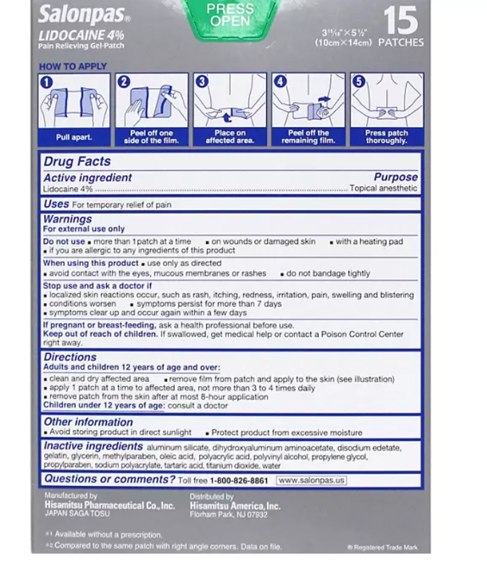 Salonpas Lidocaine Gel-Patch: Maximum Strength Pain Relief, 15 Patches ...