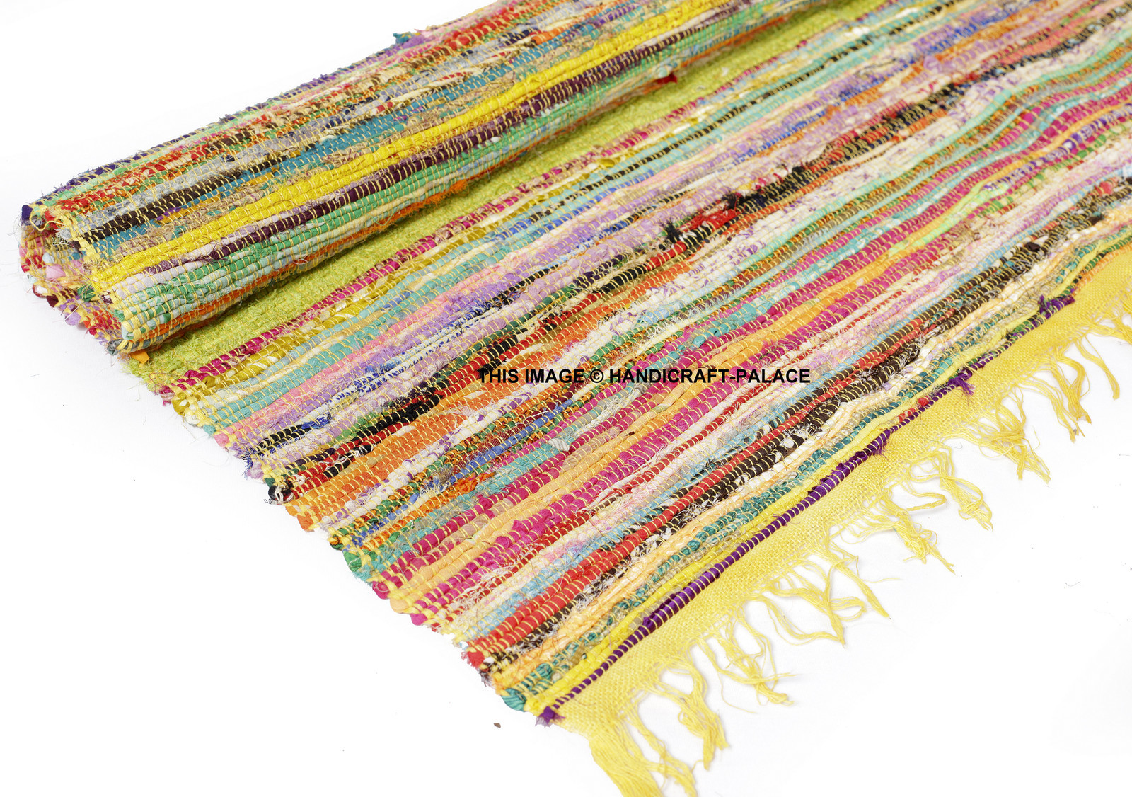 5 X 7 ft Indian Yellow Colorful Chindi Woven Area Rag Rug Decorative ...