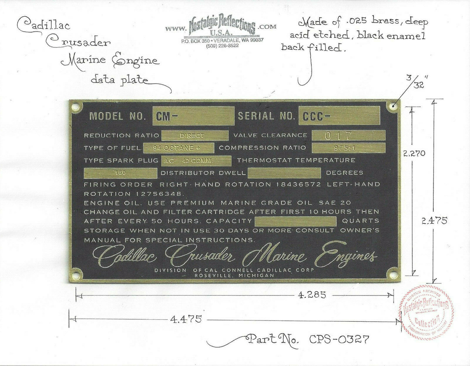 Cadillac Crusader Marine Engine Data Plate Etched Brass - black ...