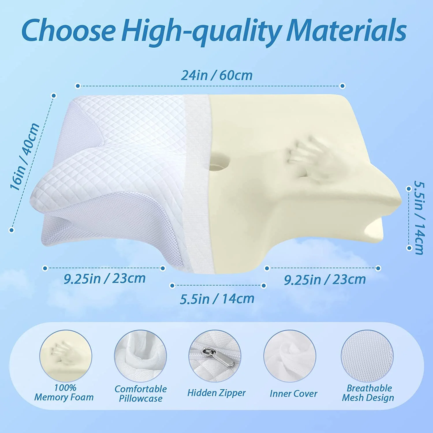 Memory Foam Cervical Sleeping Pillow, 2 in 1 Ergonomic Contour ...