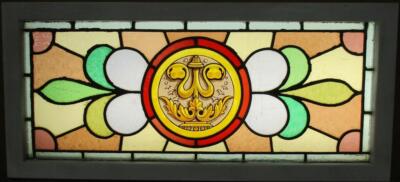 OLD ENGLISH STAINED GLASS WINDOW TRANSOM Hand Painted Symbol 32.5" x 14 ...
