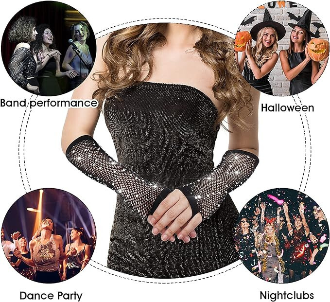 Fingerless Fishnet Arm Gloves Black Rhinestone Cosplay Parties ...