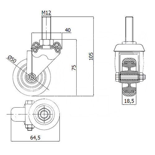 4 x Möbelrollen Ø 50mm Gewinde M8 M10 M12 Möbel-Rolle Transportr ollen ...