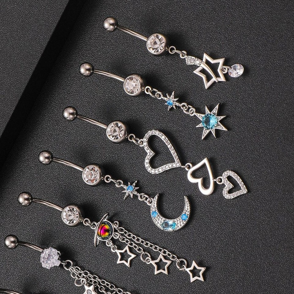 5pcs Dangle Belly Button Rings Long Dangle Navel Ring Belly Button ...