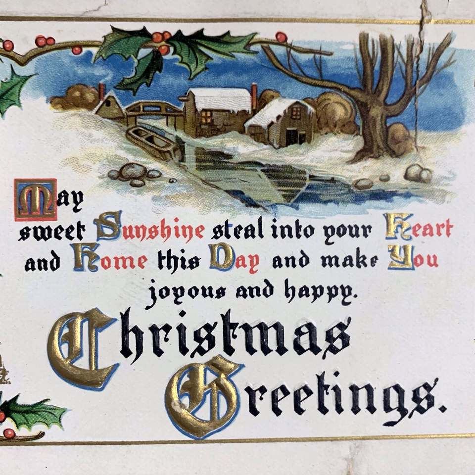 Christmas Greetings Winter Village Creek Scene Holly Posted 1912 Tuck ...