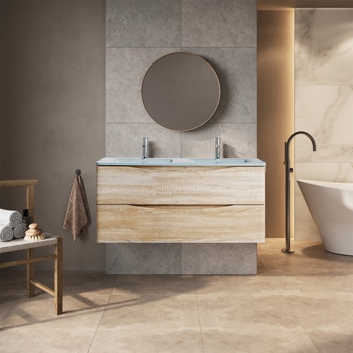 Light Ash Wall Hung Vanity Unit White Glass Basin Bathroom Cabinet ...