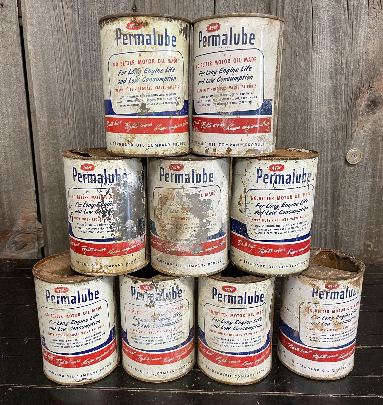 Lot of 9 Barn Fresh Vintage Standard Motor Oil Permalube Tin Cans ...