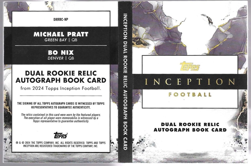 2024 Topps Inception Football Dual Rookie Relic Autograph Book Bo Nix ...