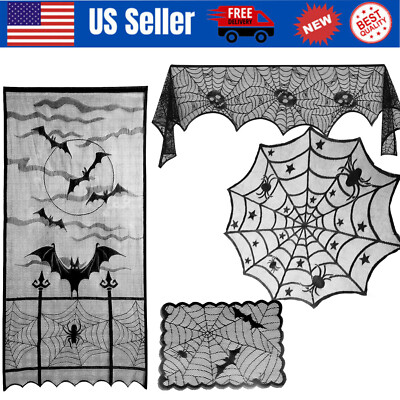 Black Polyester Spider Web Mantel Scarf Spooky Halloween Party ...