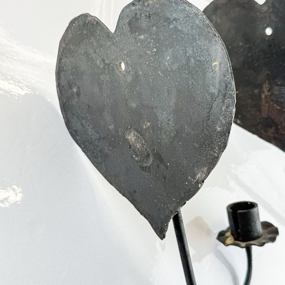 Vintage Set of 2 Primitive Heart Shaped Cast Iron Wall Candle Holders ...