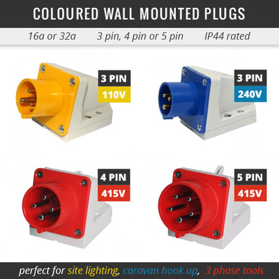ALL COLOURED WALL MOUNTED PLUGS 16A OR 32A 110V-415V USED FOR CARAVANS ...