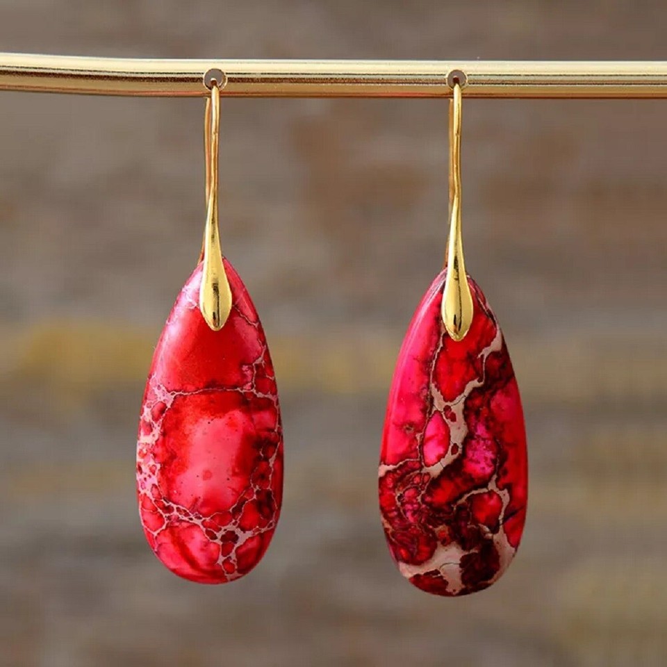 Natural Red Imperial Jasper Teardrop Dangle Earrings Gemstone Drop ...