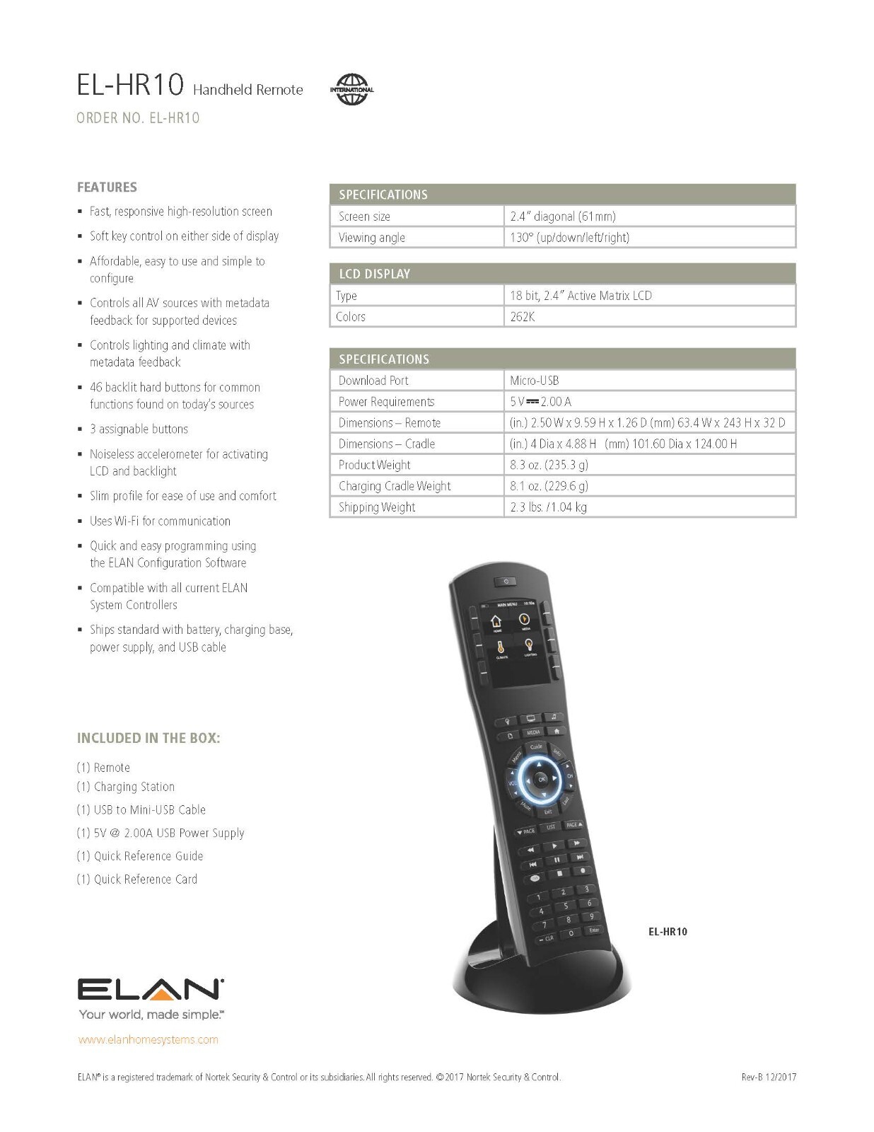 Elan Hr10 Wi-fi Handheld Remote Control With Charging Station for sale ...