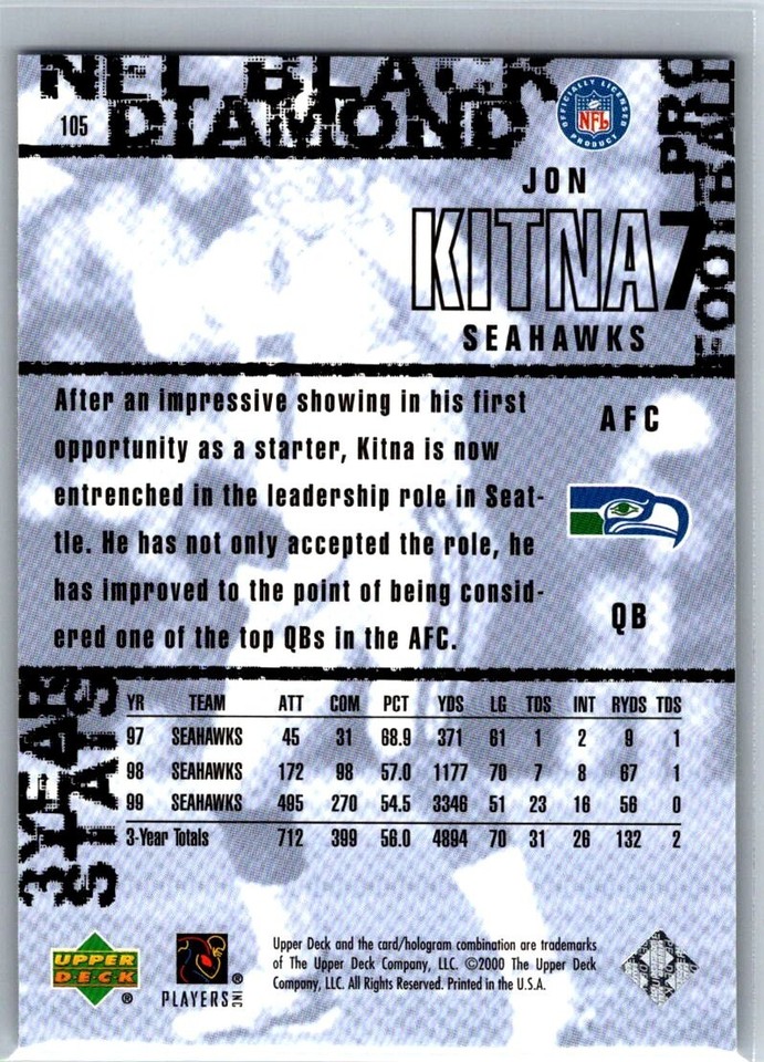 JON KITNA 2000 Upper Deck Black Diamond Football Card #105 Seattle ...