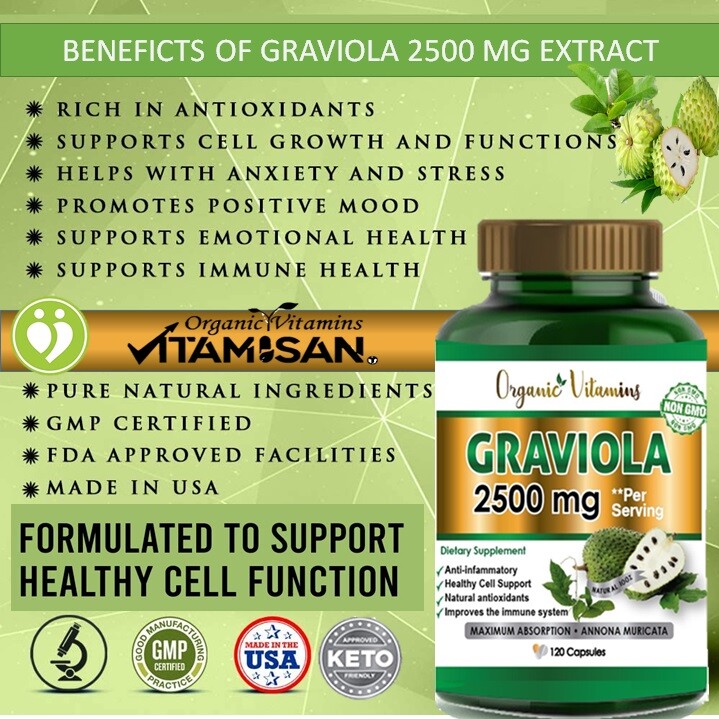 Graviola Capsules 2500mg 120 Pure Natural Soursop Capsules Leaves fruit ...