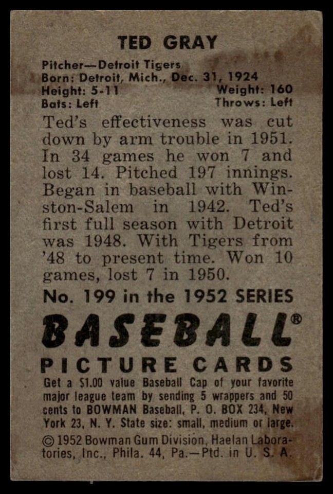 1952 Bowman #199 Ted Gray | eBay