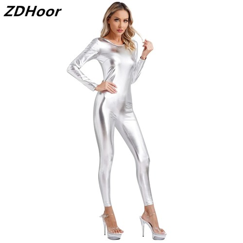 Womens Metallic Shiny Unitard Dancewear Round Neck Long Sleeve Slim Fit ...