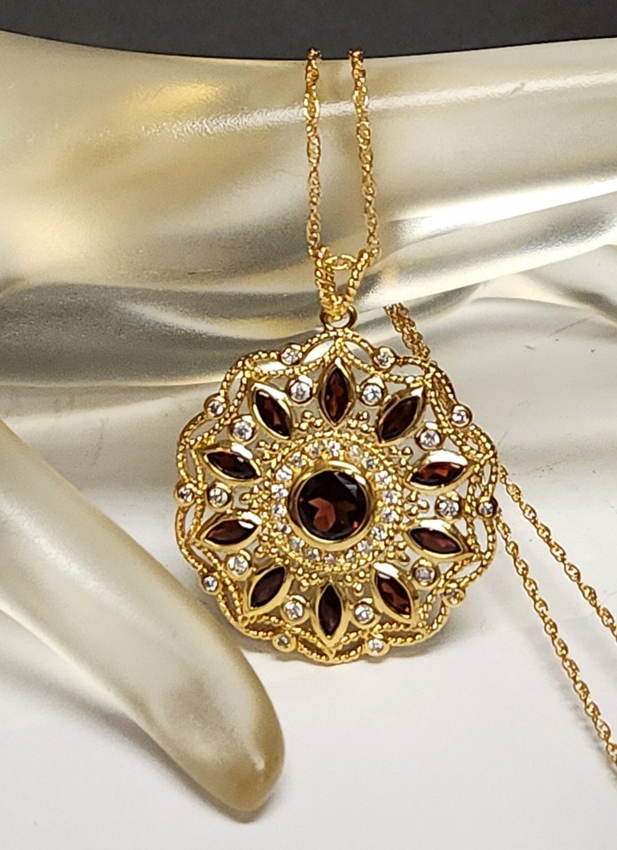 925 Sterling Silver Vermeil Red Tourmaline CZ Medallion Pendant ...