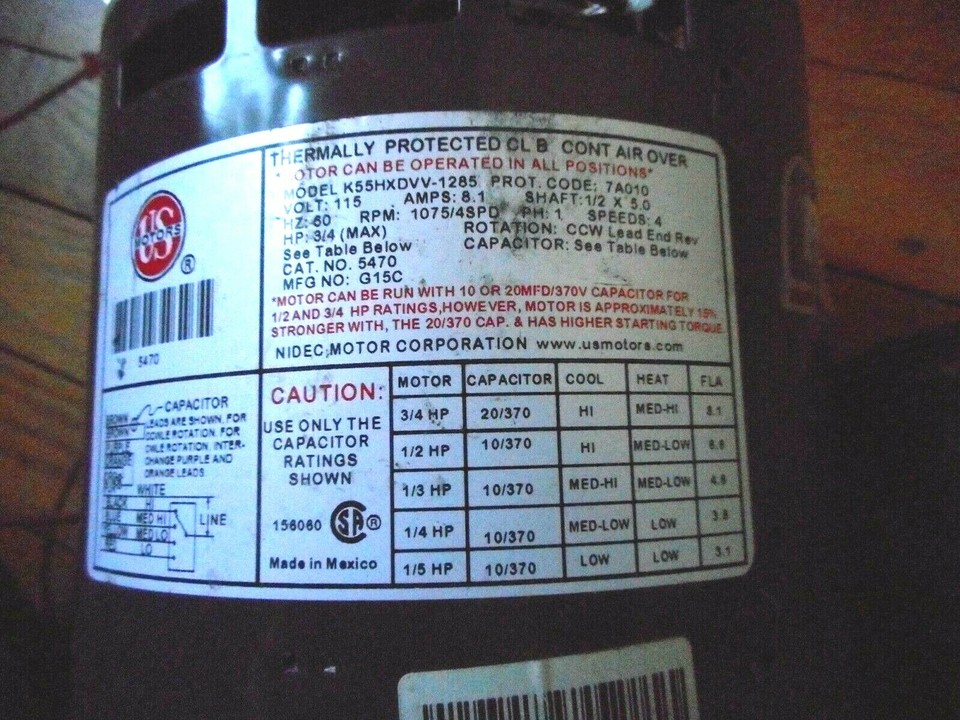 US Motors RESCUE® Direct Drive Blower Motor 5470 / K55HXDVV-1285 ...