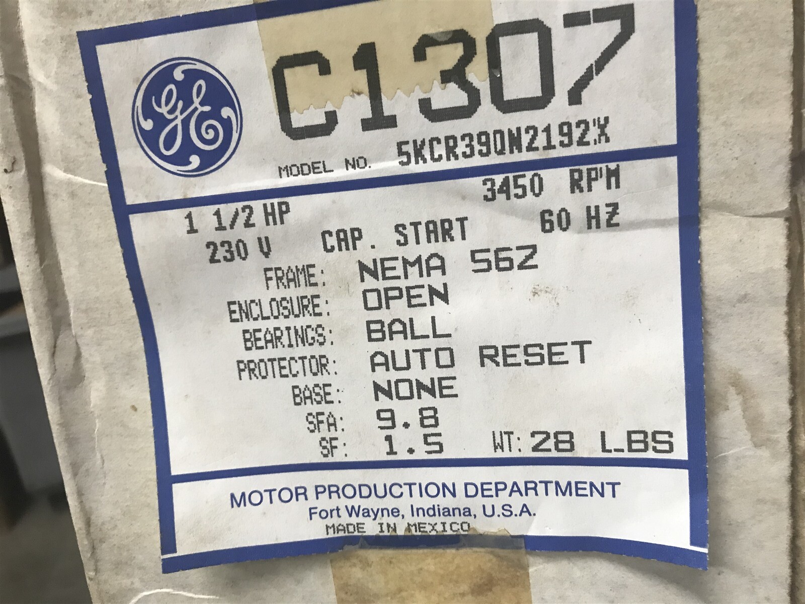 Ge C1307 5Kcr390N2192X Motor 1 1/2Hp 230V 3450Rpm 60Hz Nema 56Z Open ...