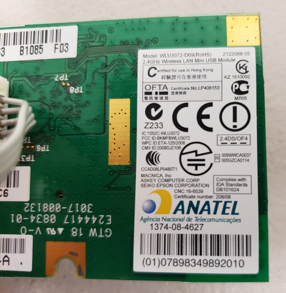 Epson Workforce 600 WLU3072-D69 2.4 GHz Wireless LAN Mini USB Module ...