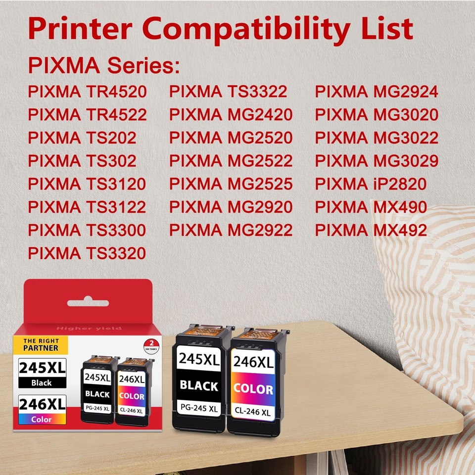PG-245XL CL-246XL Ink Combo Pack for Canon TR4520 MX492 MG2522 TS3322 ...