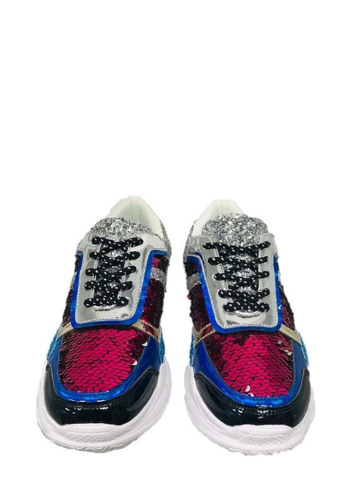 WOMENS MIX SEQUIN SPARKLY TRAINERS LACE UP FASHION SPORTS SNEAKERS ...