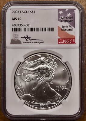 2003 NGC MS70 Silver Eagle Mercanti Signature, Spot Free, David Kahn ...