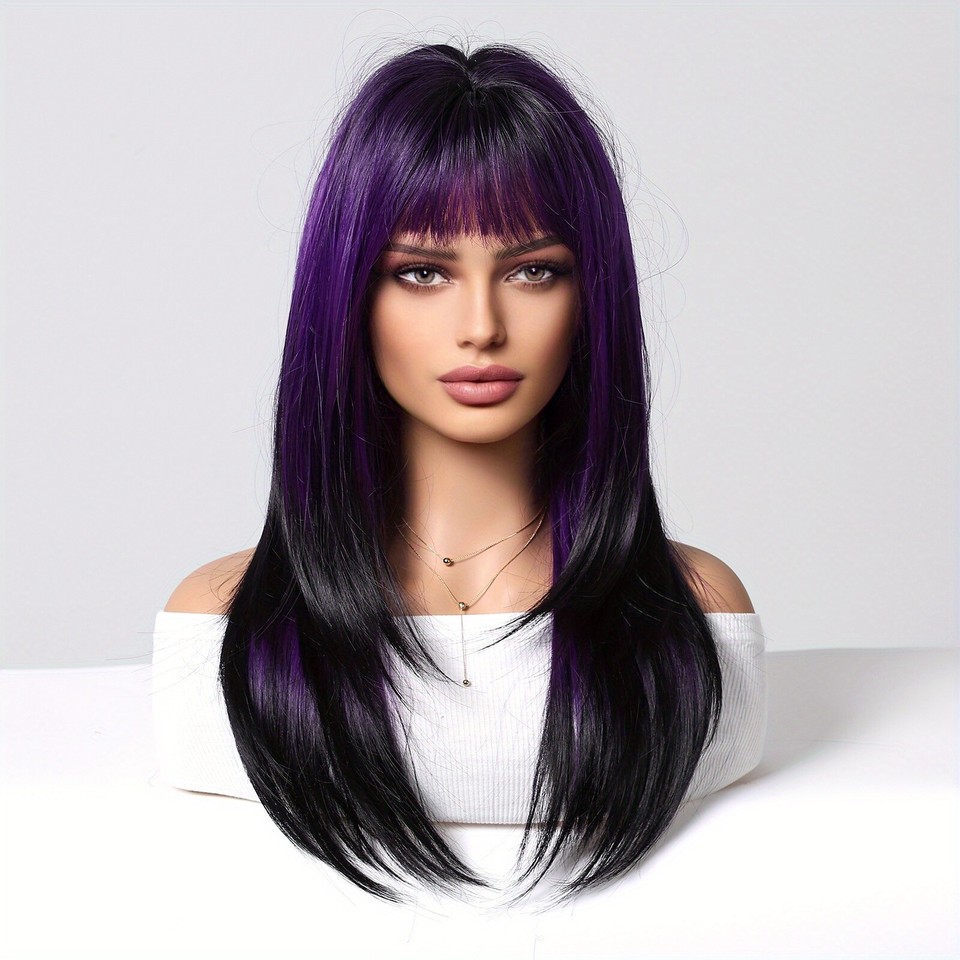 22 Inch Women's Long Straight Purple Fade To Black Synthetic Wig with ...