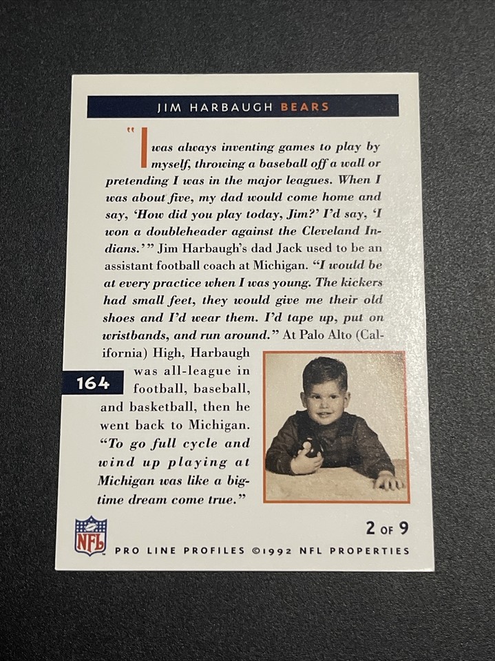 1992 ProLine Profiles Football JIM HARBAUGH On Card AUTO - Bears ...