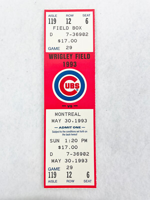 CHICAGO CUBS TICKET STUB - MAY 30, 1993 - vs.. MONTREAL - CUBS WIN 5-2 ...