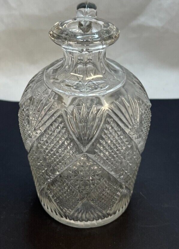 ANTIQUE Pressed CUT Glass LiquorWine HANDLED Jug QUILTED DIAMOND & FAN ...