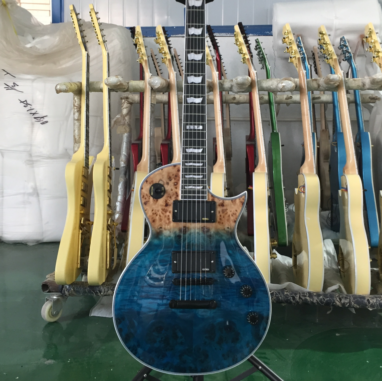 Custom LP Electric Guitar Burl Maple Top Blue Active Pickups Black ...
