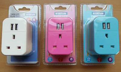 White Pink Blue Twin USB Plug Through Socket Adaptor Charge 2 Devices ...