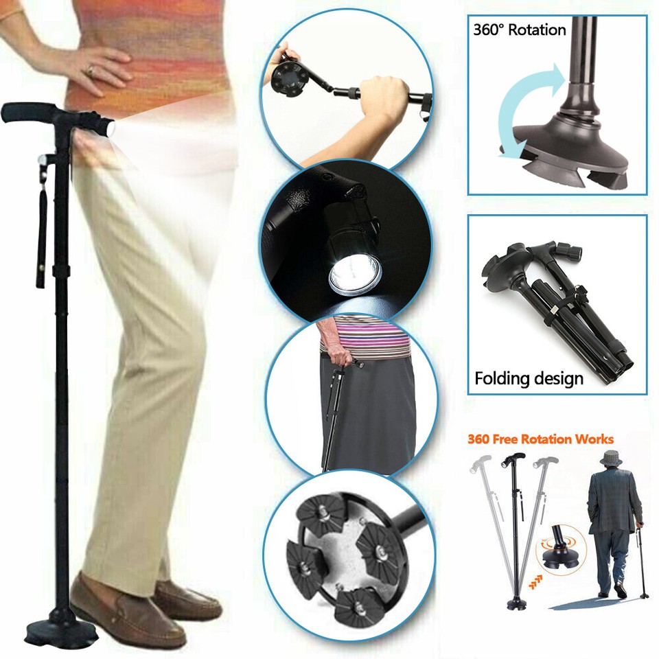 360 Pivoting Base Foldable Adjustable LED Walking Stick Retractable ...