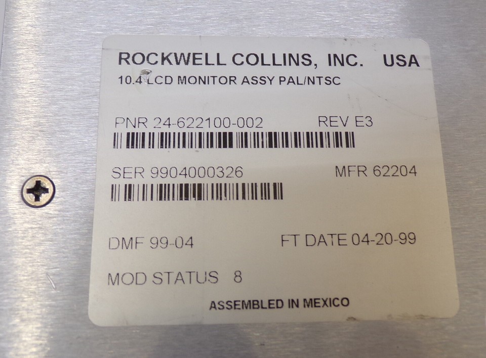 BAKER ELECTRONICS MONITOR 10.4" LCD BLKHD, 990-1041-002, ROCKWELL 24 ...
