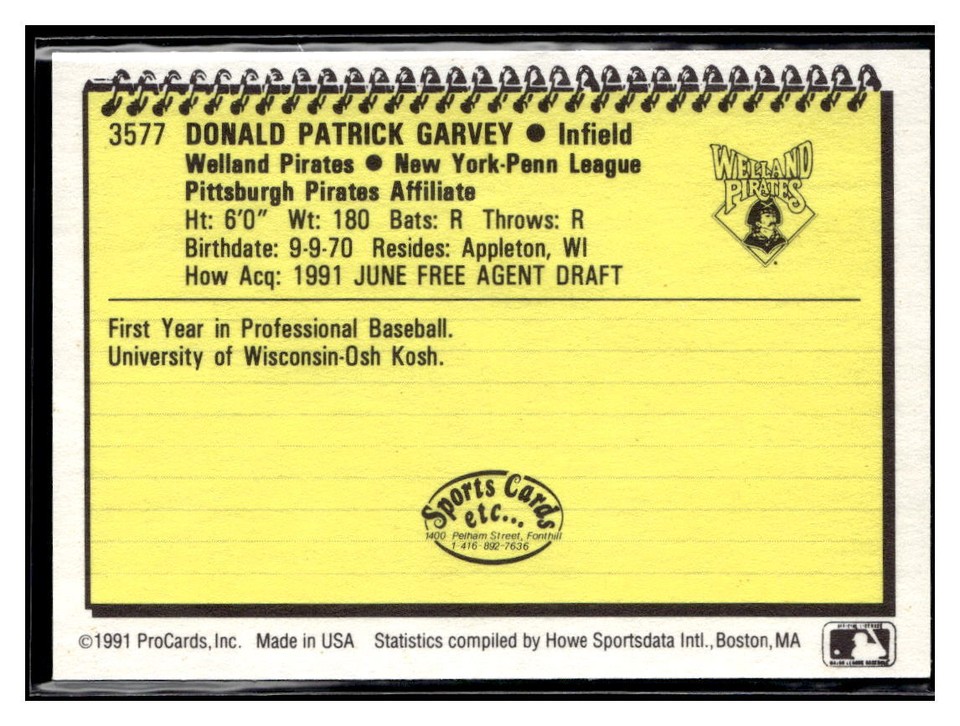 Don Garvey 1991 ProCards #3577 Welland Pirates | eBay