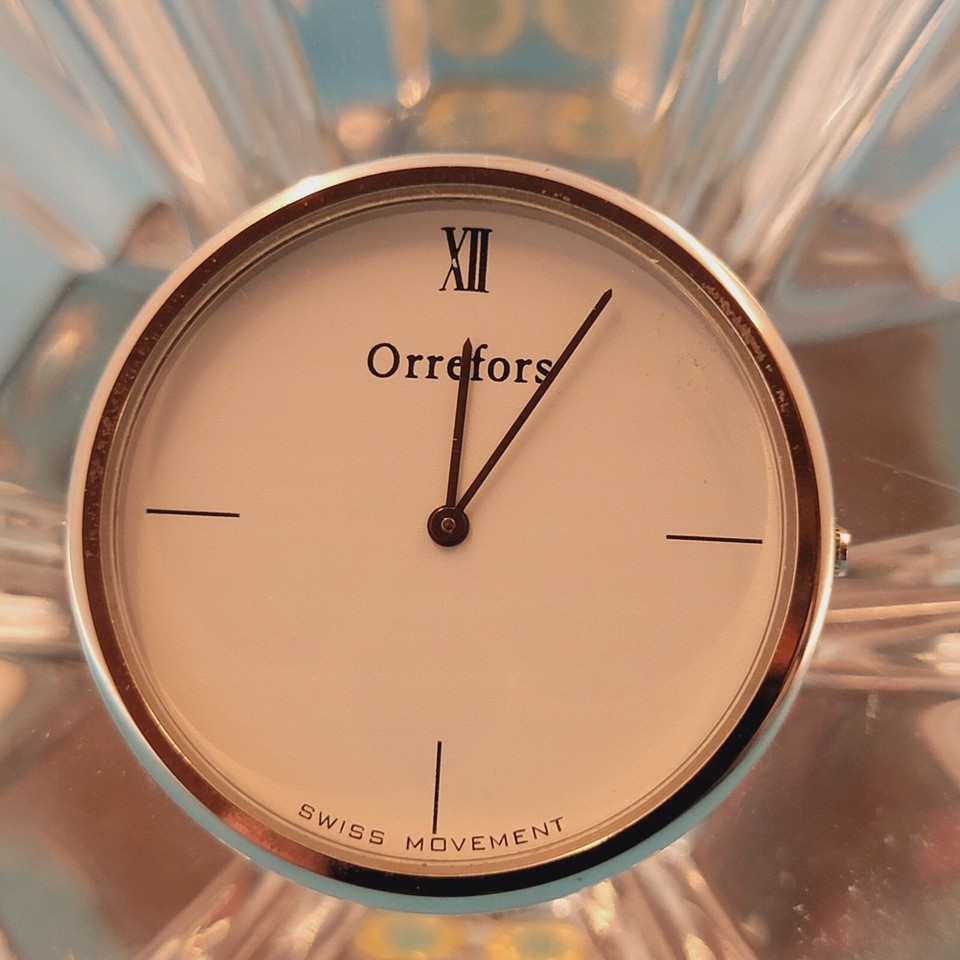Orrefors Sweden Crystal Desk Clock Minimalist Swiss Movement Hexagonal ...