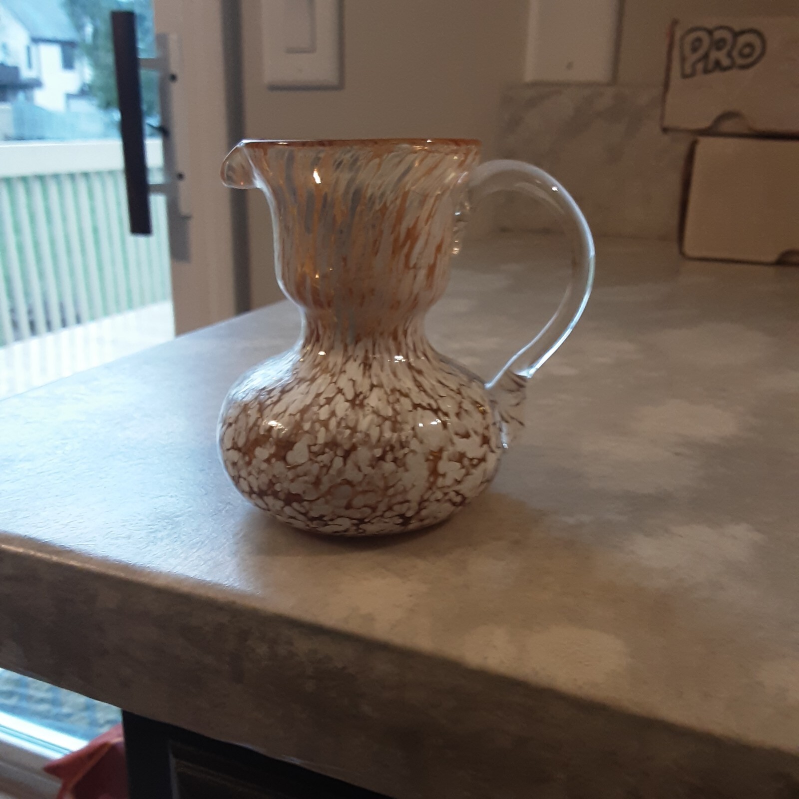 Vintage Pilgrim Art Glass Hand Blown White Splatter Small Amber Pitcher ...