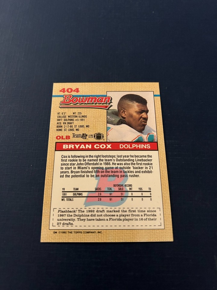 1992 Bowman Football Bryan Cox #404 Set Break NM | eBay