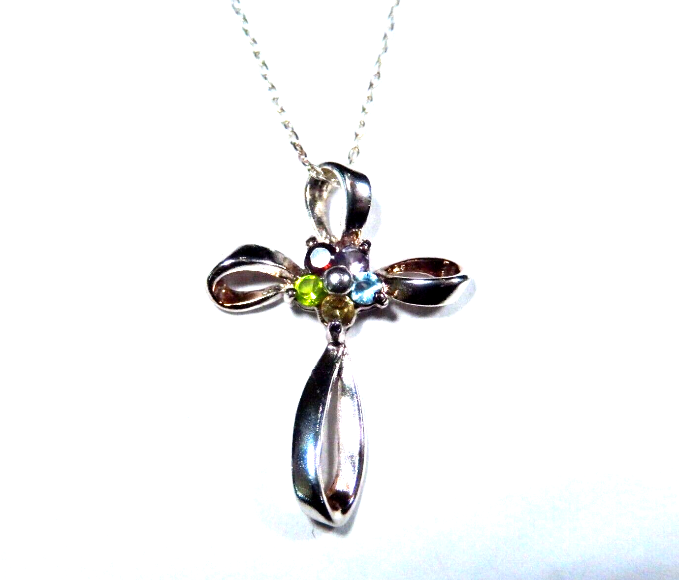 Sterling Silver Freeform Cross Multi Gem Pendant with 17" Sterling ...